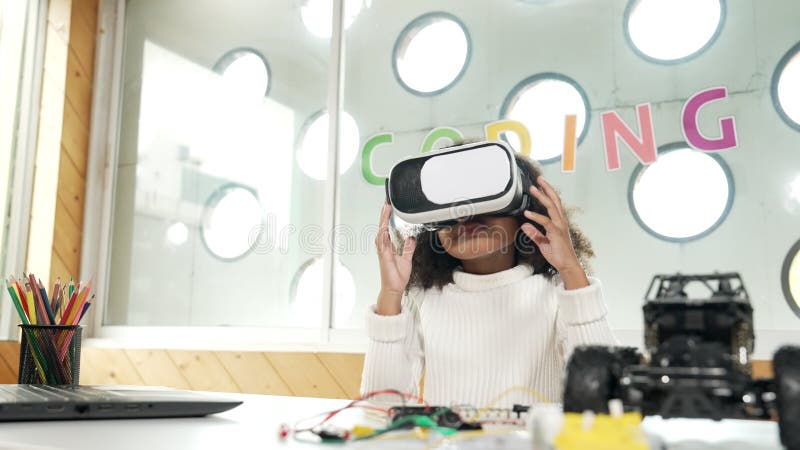 Girl Wearing VR Headset To Learning in Metaverse. Future Lifestyle ...