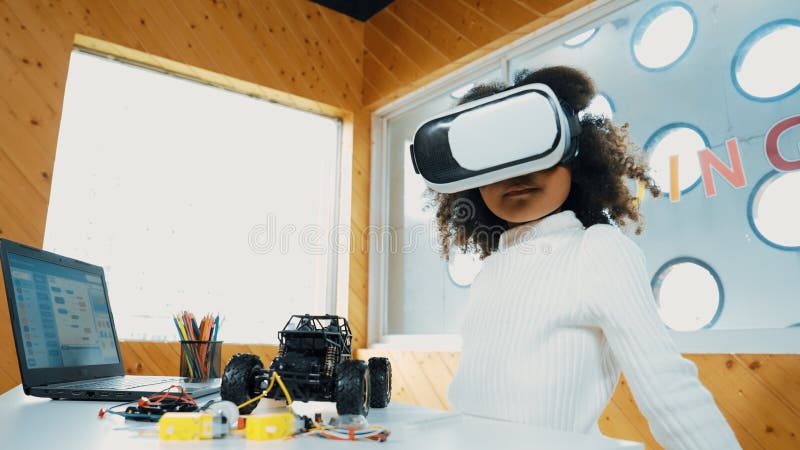 Girl Wearing VR Headset To Learning in Metaverse. Future Lifestyle. Erudition. Stock Photo ...