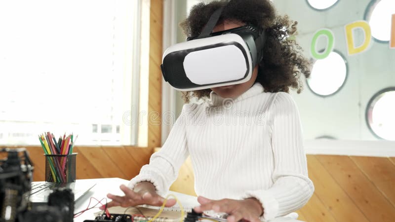 Girl Wearing VR Headset To Learning in Metaverse. Future Lifestyle ...