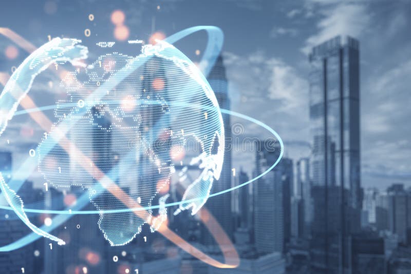 Creative Globe Sphere with Coding and Polygonal Network on Blurry City ...