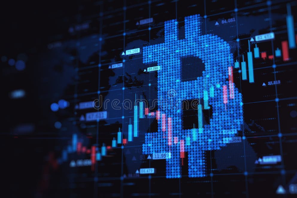 Creative Glowing Bitcoin Hologram on Dark Grid Backdrop. Cryptocurrency ...