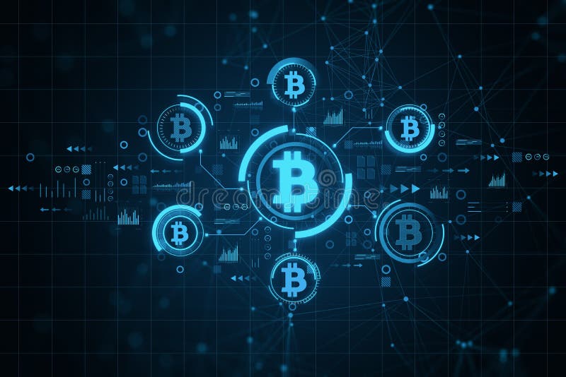 Creative Glowing Blue Bitcoin Interface on Dark Background. Finance ...