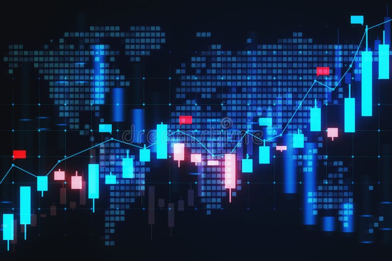 Creative Glowing Blue Candlestick Forex Chart and Map on Blurry ...
