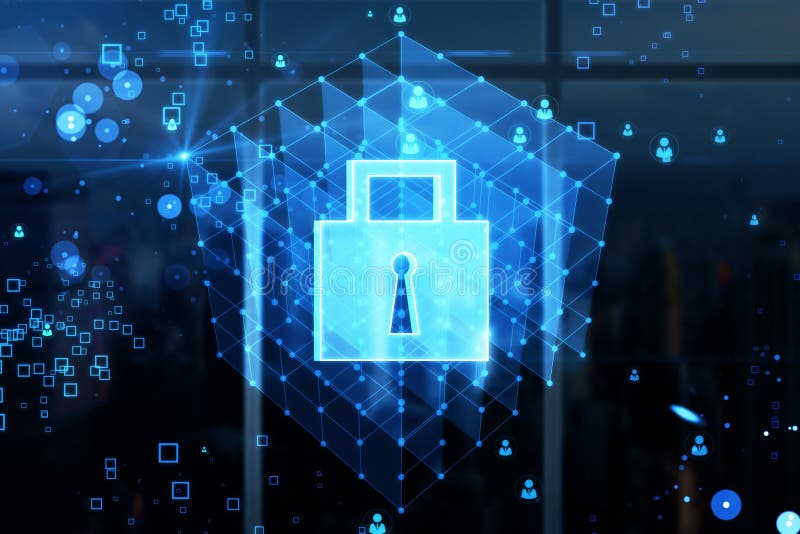 Creative Glowing Blue Padlock Grid Hologram on Blurry Bokeh Background ...