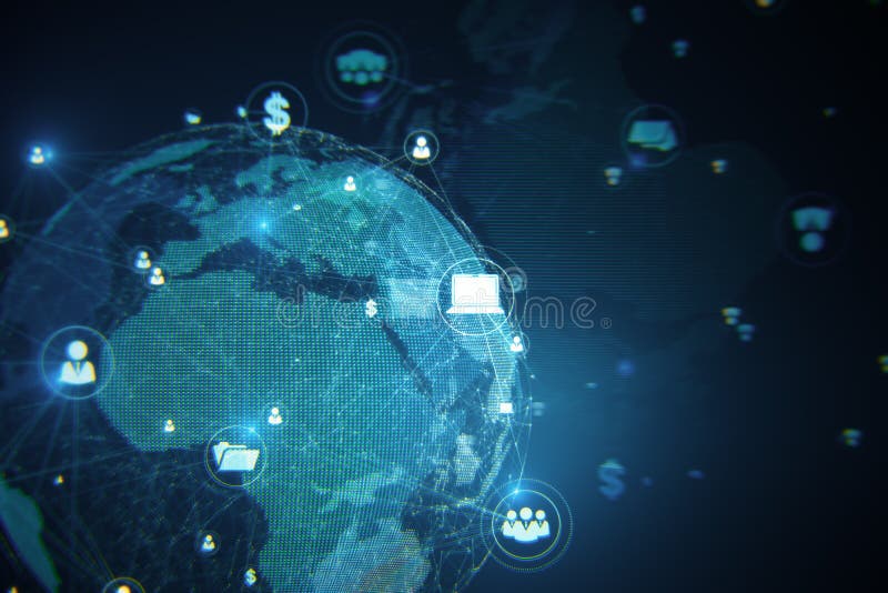 Creative Glowing Communication and Network Globe Hologram on Blurry ...