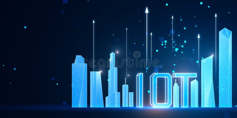 Creative Glowing Digital Mesh City and Iot Hologram on Blurry ...