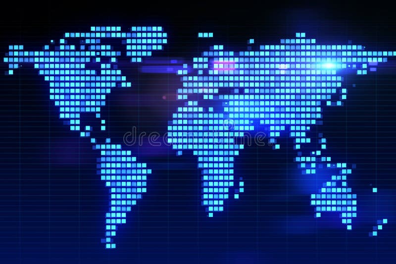 Creative Glowing Digital Pixel Squares Map of the World with Spotlights ...