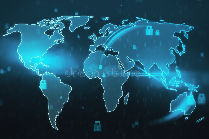 Creative Glowing Ecryption Map Hologram with Padlock Icons on Blue ...