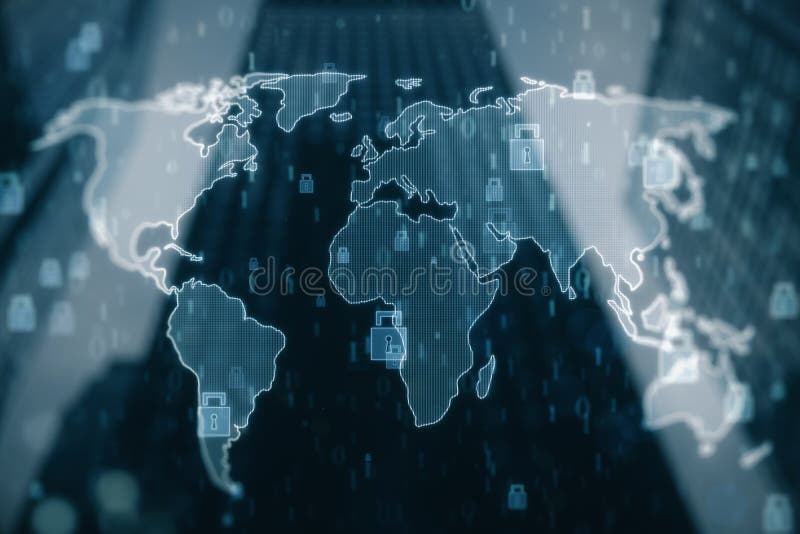 Creative Glowing Ecryption Map Hologram with Padlock Icons on Blurry ...