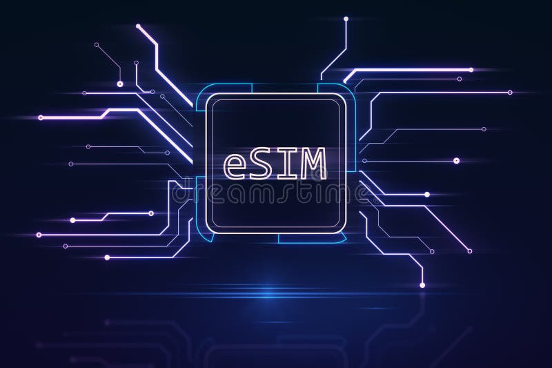 Creative Glowing ESim Hologram on Background. Embedded Sim and Cellular ...