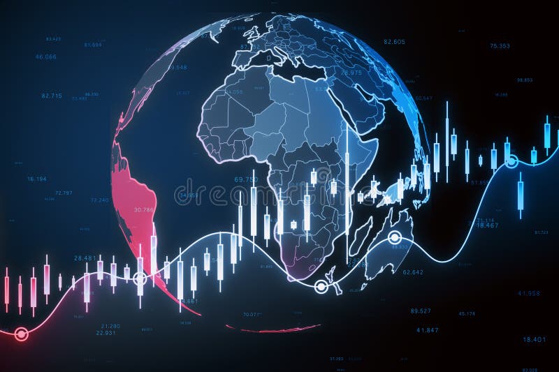 Creative Glowing Falling Red Forex Chart and Globe on Blurry Backdrop ...