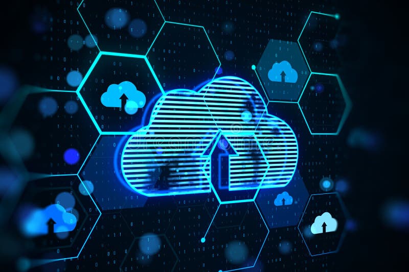 Creative Glowing Hexagonal Cloud Hologram with Binary Coding on Blurry Backdrop. Safety and ...