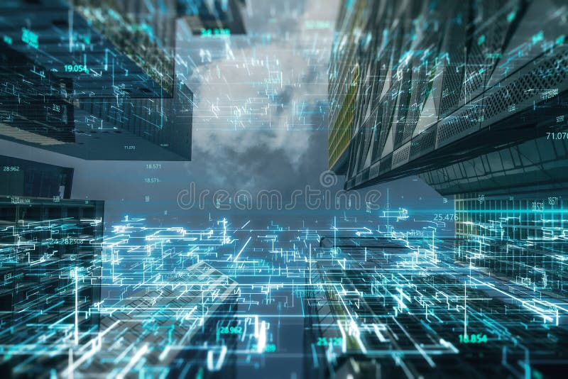 Creative Glowing Metaverse City Background with Coding. Technology ...