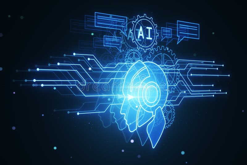 Glowing Robot Head and Icons on Dark Wallpaper. Chat GPT, Machine ...