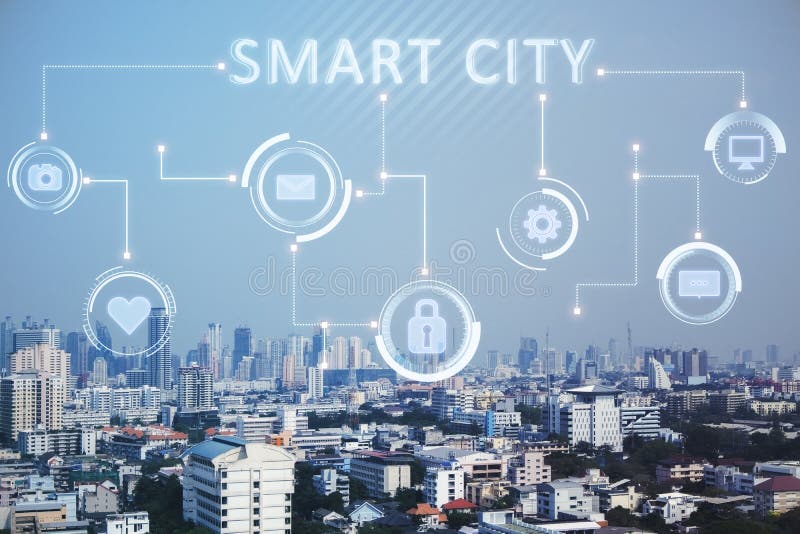 Creative Glowing Smart City Backdrop with Interface and Downtown ...