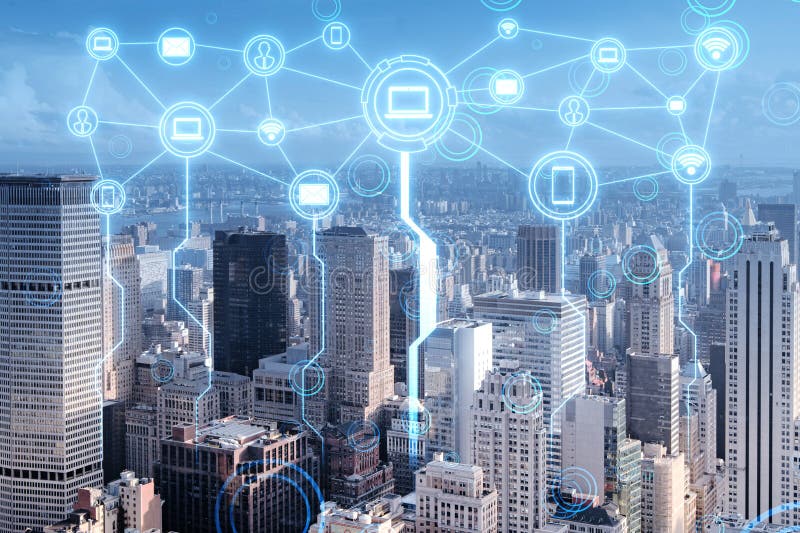 Creative Glowing Smart City Hologram Backdrop. Innovation and Future ...