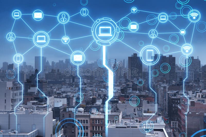 Creative Glowing Smart City Hologram Texture. Innovation and Future ...