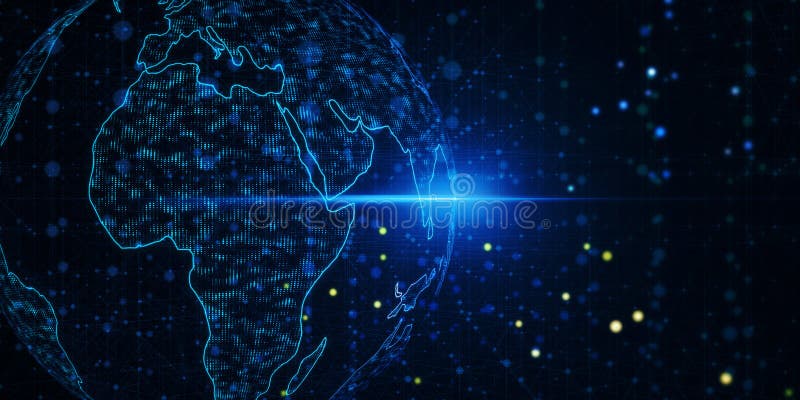 Creative Glowing Wide Blue Metaverse Globe Hologram with Grid on Blurry ...