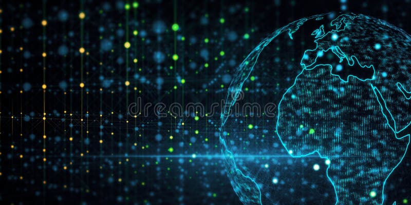 Creative Glowing Wide Blue Metaverse Globe Hologram with Grid on Blurry ...