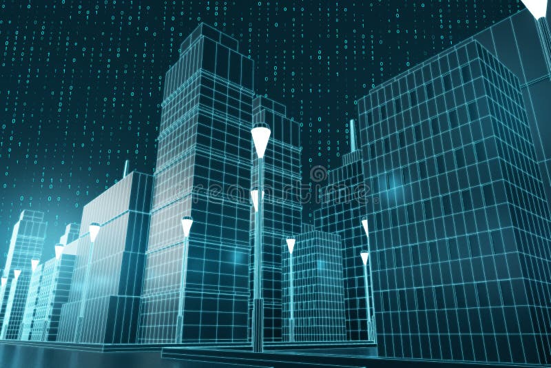 Creative Graphic Blue City Background with Binary Code. Building and ...