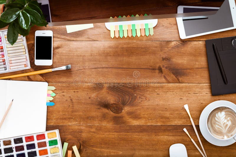 Creative Graphic Design Workstation Concept, Computer Paints on Brown ...