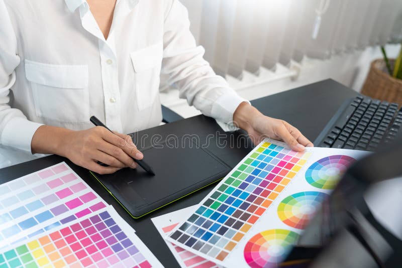 Creative Graphic Designer Choosing Color Scale for Editing Artwork ...
