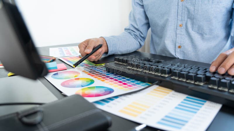 Creative Graphic Designer Choosing Color Scale for Editing Artwork ...