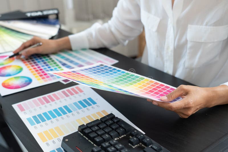 Creative Graphic Designer Choosing Color Scale for Editing Artwork ...