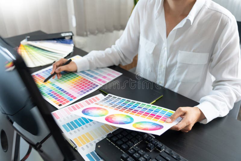Creative Graphic Designer Choosing Color Scale for Editing Artwork ...