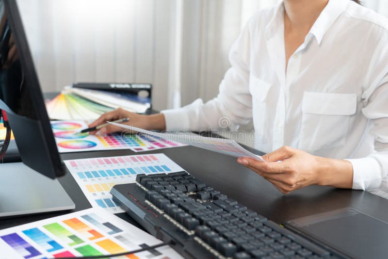 Creative Graphic Designer Choosing Color Scale for Editing Artwork ...