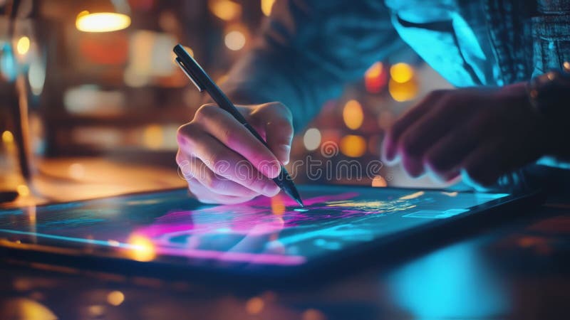 Designer Drawing with a Stylus Pen on a Tablet in a Restaurant Stock ...
