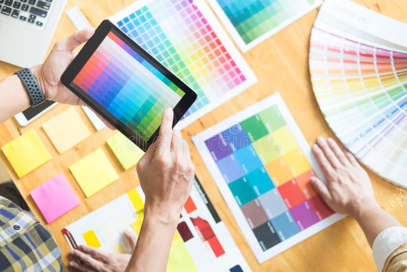 Creative Graphic Designer at Work. Color Swatch Samples Pantone Stock ...