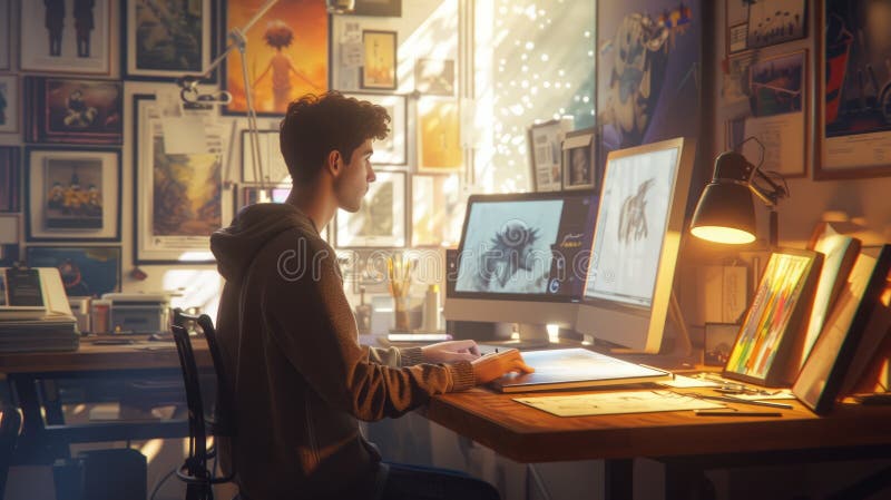 Creative Graphic Designer Working on Computer while Designing Product ...