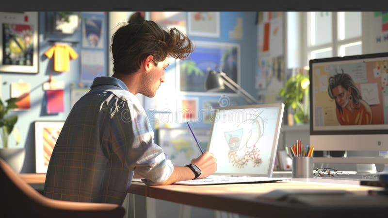 Creative Graphic Designer Working on Computer while Designing Product ...