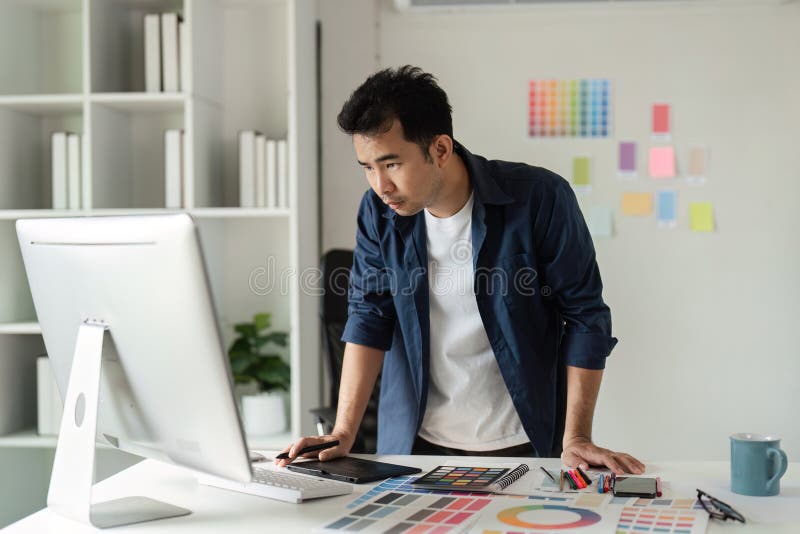 Creative Graphic Designer Working in Modern Design Studio with Digital ...