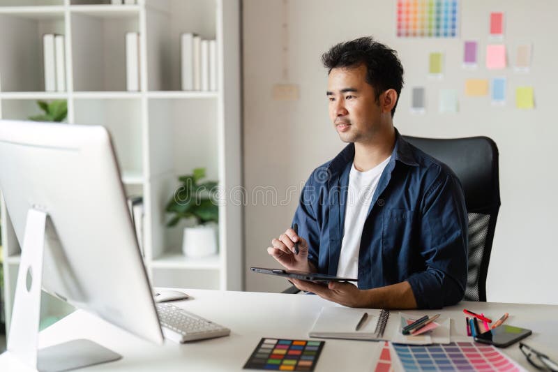 Creative Graphic Designer Working in Modern Design Studio with Digital ...