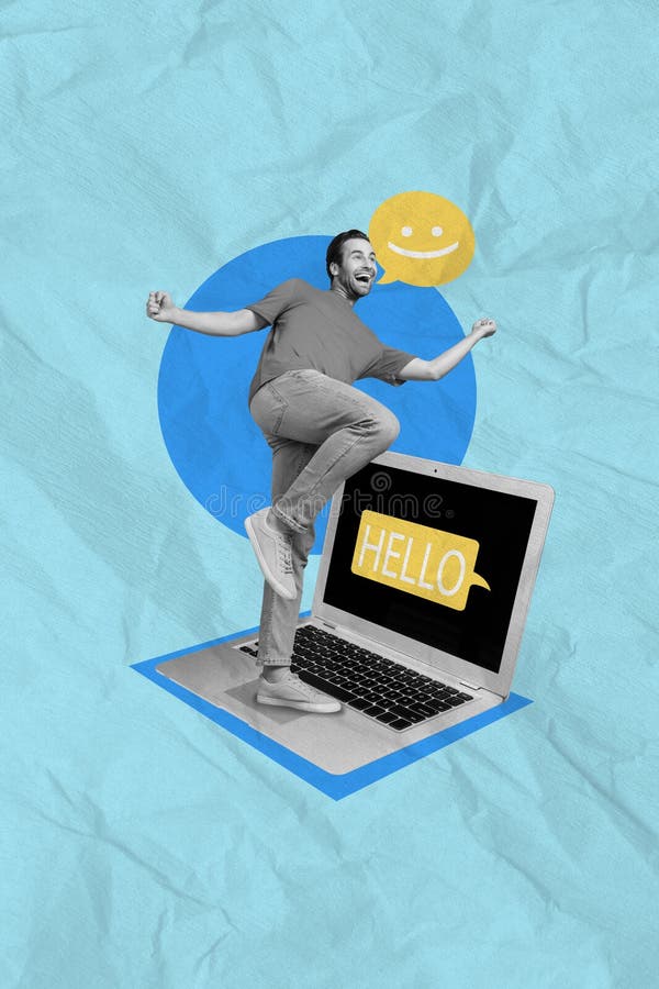 Creative Graphics Collage Image of Excited Funky Guy Texting Hello ...