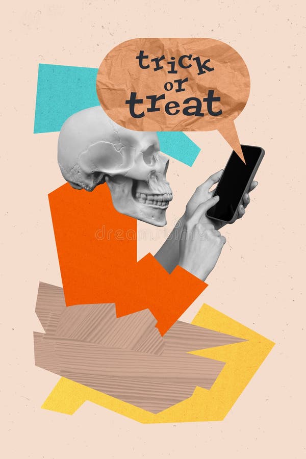 Creative Graphics Collage Painting of Funky Skeleton Guy Sending Device ...