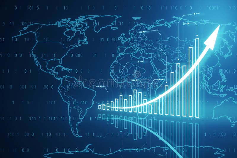 Creative Growing Blue Business Chart with Map, Binary Code and Arrows ...