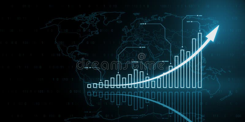 Creative Growing Blue Business Chart with Map, Binary Code and Arrows ...