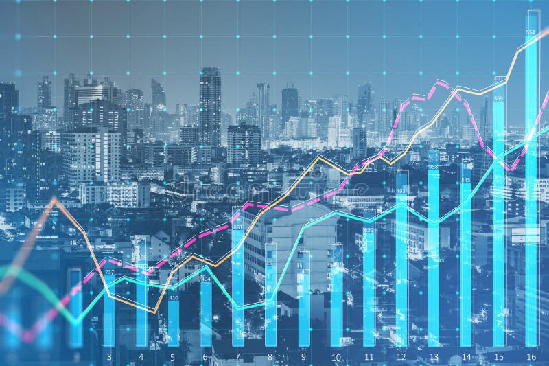 Creative Growing Financial Forex Chart Graph and Map Hologram on Blurry ...