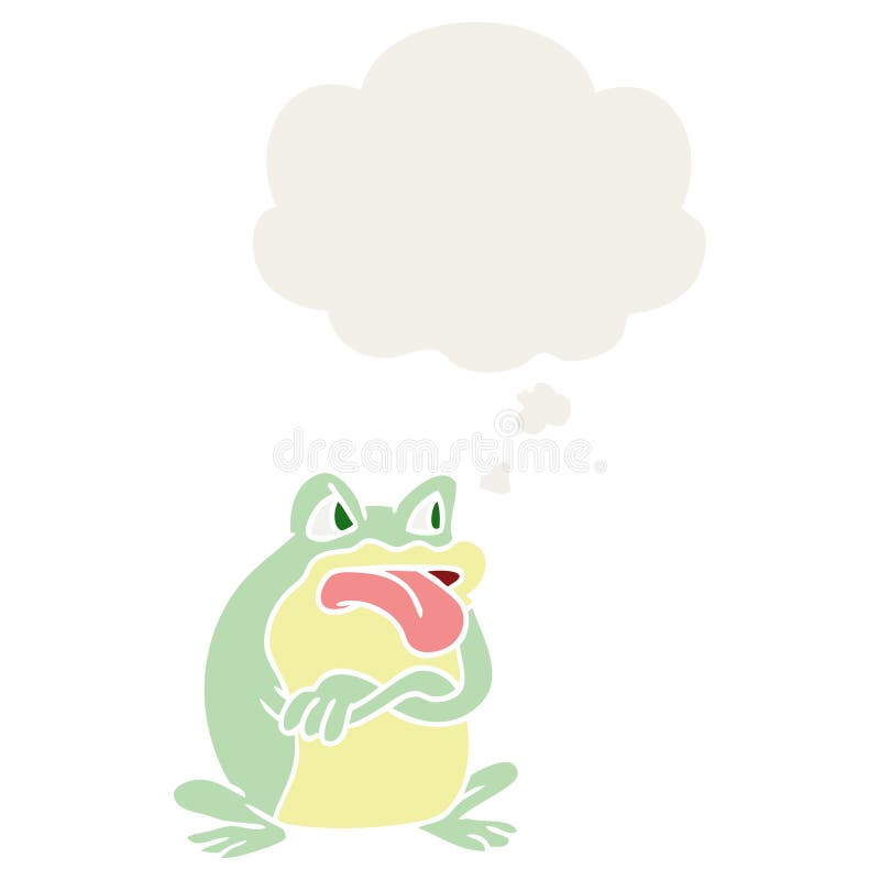 A Creative Grumpy Cartoon Frog and Thought Bubble in Retro Textured ...