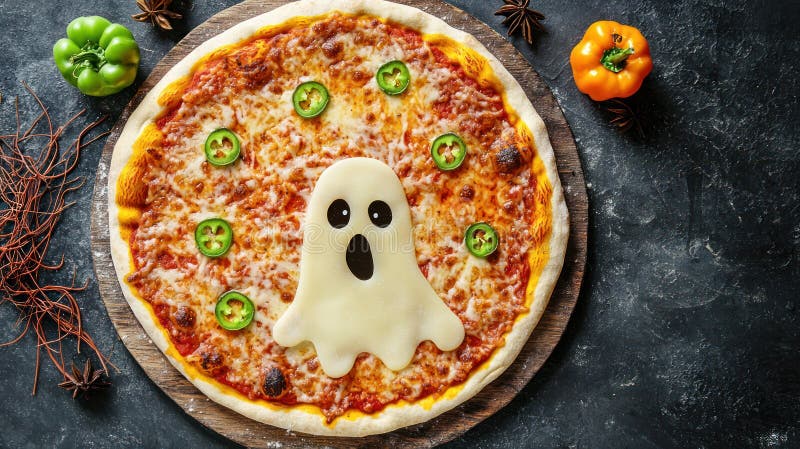 A Creative Halloween Pizza with Ghost-shaped Cheese, Green Bell Pepper ...