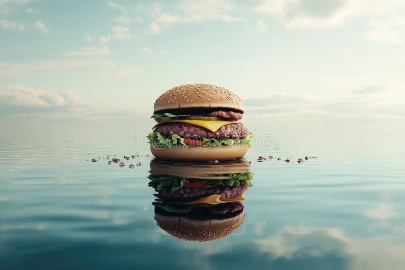 Creative Hamburger Concept Floating on Tranquil Ocean Surface Stock ...