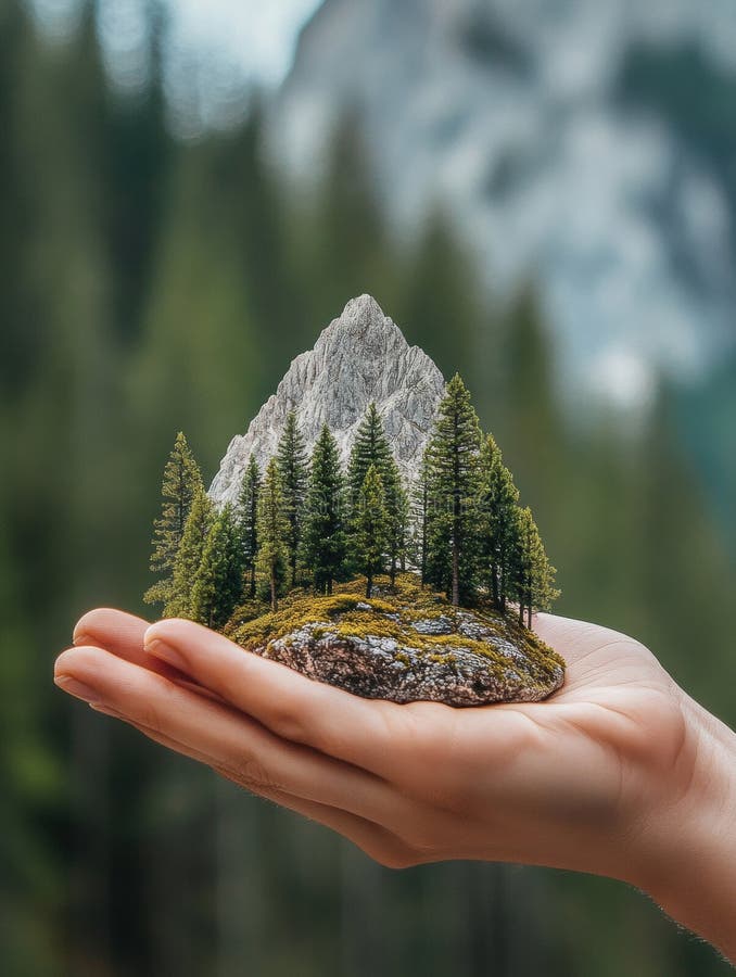 Creative Hand Cradles Tiny Mountain Range and Trees for Nature ...