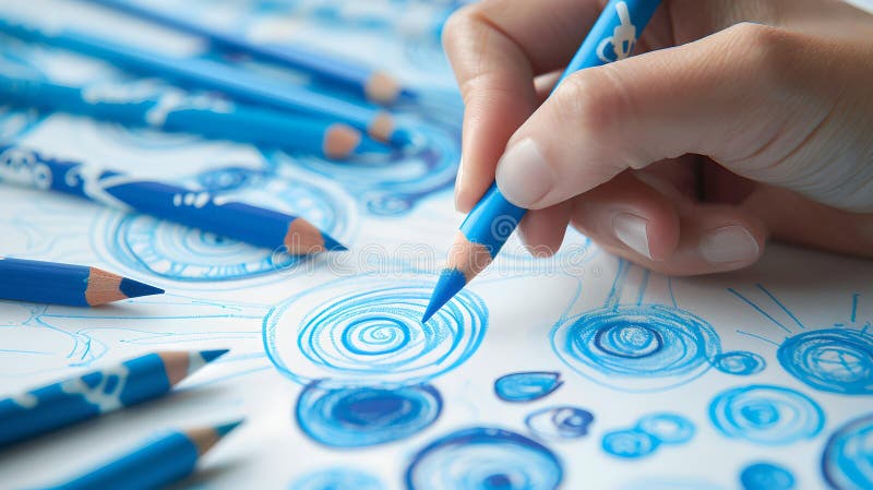 Creative Hand Drawing Blue Circles on White Paper. Artistic Expression ...