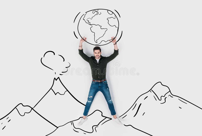 Creative Hand Drawn Collage with Strong Man Carrying Earth Stock Photo ...