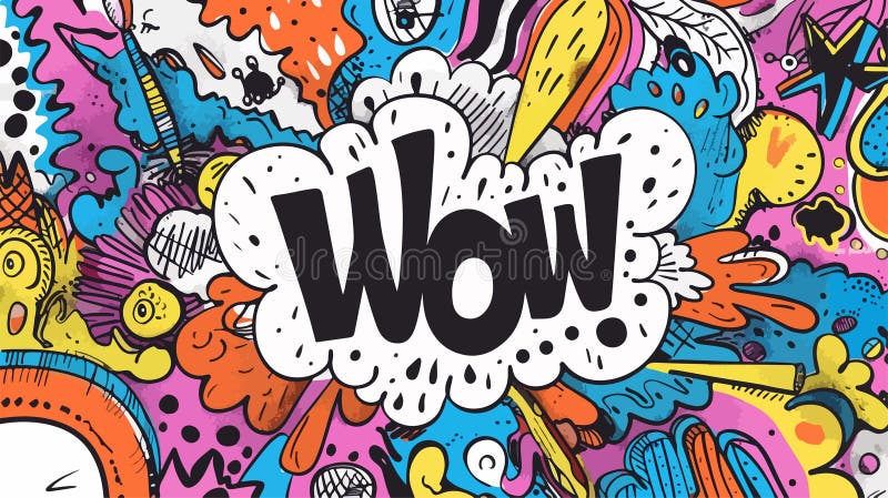Creative Hand-Drawn Doodle Design with Wow Word in Frame Stock ...