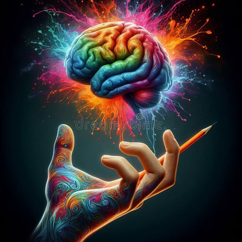 Creative Hand Holding Pencil with a Vibrant Brain Illustration Stock ...