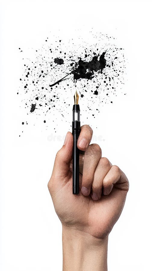 A Creative Hand Holds a Pen with Splashes of Ink Symbolizing Artistic ...
